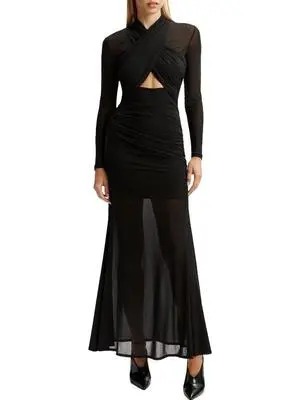Bardot Front Wrap Long Sleeve Mesh Gown - Black