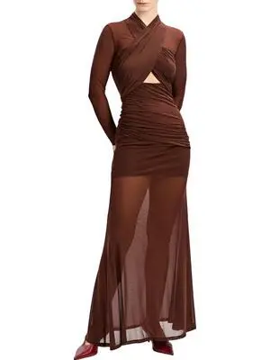 Bardot Front Wrap Long Sleeve Mesh Gown - Chocolate