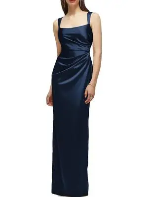 After Six Square Neck Satin Charmeuse Column Gown - Midnight