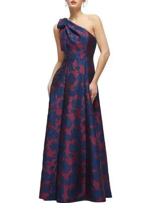 Alfred Sung Bow One-shoulder Jacquard Ballgown - Burgundy Navy Floral