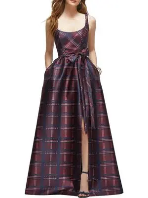 Dessy Collection Tartan Tie Waist Sleeveless Satin Gown - Cabernet Midnight