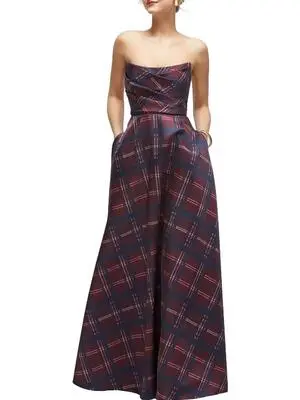 DESSY COLLECTION Tartan Strapless Gown