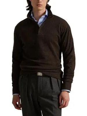 Polo Ralph Lauren Houndstooth Cotton Blend Quarter Zip Pullover - Alpine Brown Dogtooth