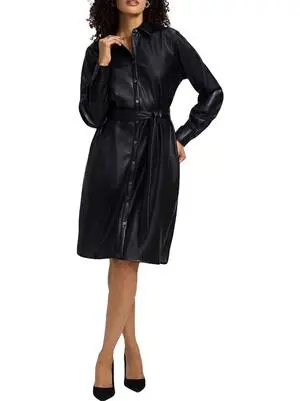 Foxcroft Rocca Long Sleeve Faux Leather Shirtdress - Black