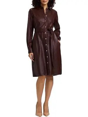 Foxcroft Rocca Long Sleeve Faux Leather Shirtdress - Chicory Coffee