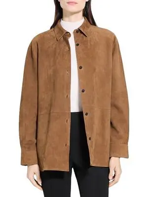 Theory Boxy Fit Suede Shirt Jacket - Deep Tobacco
