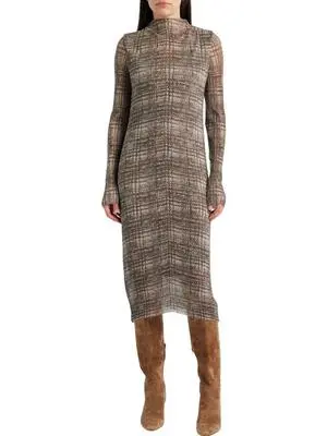 BOSS Mock Neck Long Sleeve Maxi Dress - Beige Multi