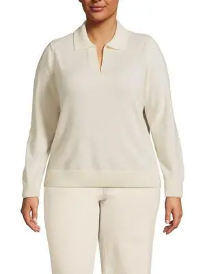 LANDS' END Cashmere Johnny Collar Sweater - Fresh Ivory