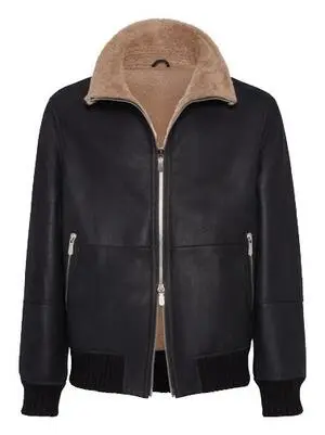 Brunello Cucinelli Nubuck Shearling Bomber Jacket - Black