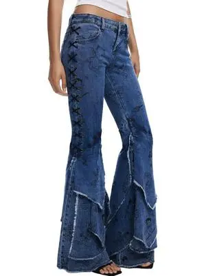 Desigual Cartoon Pattern Flare Jeans - Blue