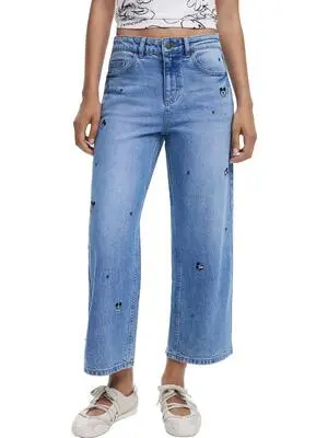 Desigual Mickey Mouse Embroidered Wide Leg Jeans - Medium Blue