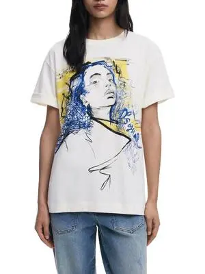 Desigual Doodle Face Graphic Cotton T-shirt - White