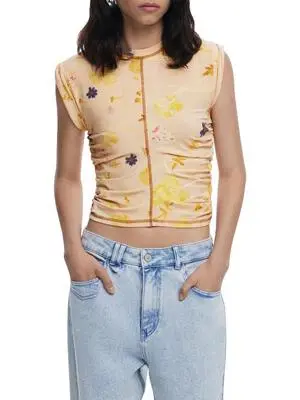 Desigual Floral Top With Exposed Seam - Beige