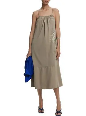 Desigual Floral Embroidered Cotton Midi Dress - Medium Gray