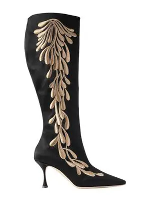 Manolo Blahnik Menki 70 Embroidered Satin Knee Boots - Black