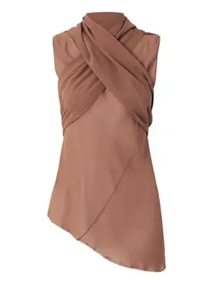 CORTANA Serene Asymmetric Draped Silk-crepe Top - Brown