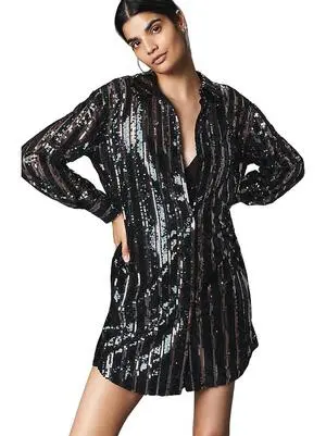 Maeve Soren Sequin Mini Shirt Dress - Navy Sequin