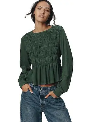 PILCRO Long-Sleeve Smocked Top Forest Green