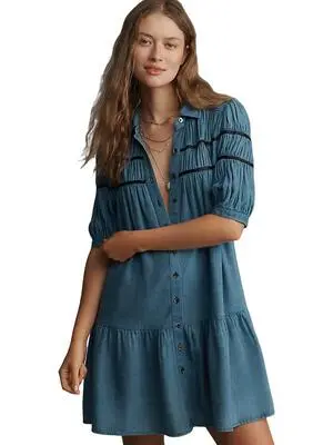 Maeve Leandra Shirred Yoke Mini Dress - Medium Denim