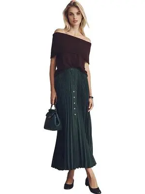 Maeve Pleated Button-Front Midi Skirt Shaded Moss