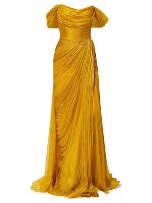 IRIS SERBAN Pleated Off-shoulder Gown - Gold