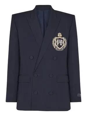 Balmain Wool Crystal-embellished Emblem Blazer - Navy