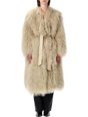 SWORD 6644 Genuine Mongolian Shearling Maxi Coat - Beige
