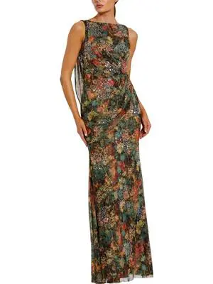 Mac Duggal High Neck Printed Mesh Cowl Back Column Gown - Charcoal Multi