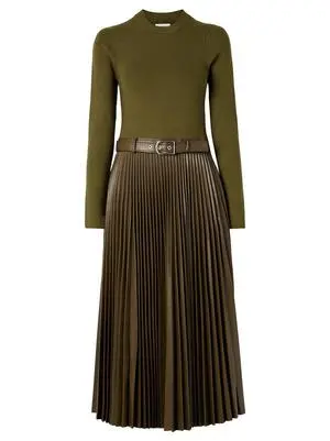 Simkhai Belted Pleated Ribbed Knit Midi Dress - Green
