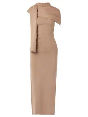 SIMKHAI Camel Scarf-effect Draped Wool And Recycled Cashmere-blend Midi Dress