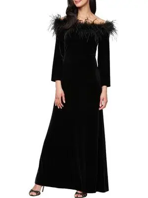 Alex Evenings Maribou Detail Off The Shoulder Velvet Gown - Black