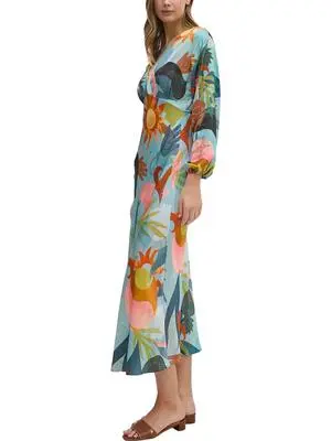 NEVER FULLY DRESSED Abstract-print V-neck Midi Dress - Blue
