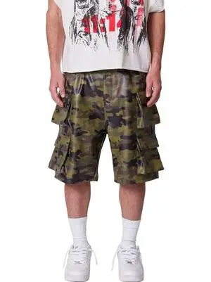 Mnml Baggy Faux Leather Cargo Shorts - Camo