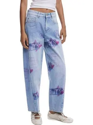 Desigual Printed Boyfriend Barrel Leg Jeans - Medium Blue