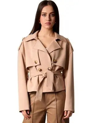 BLUE REVIVAL Charli Cropped Scuba Trench Coat - Camel