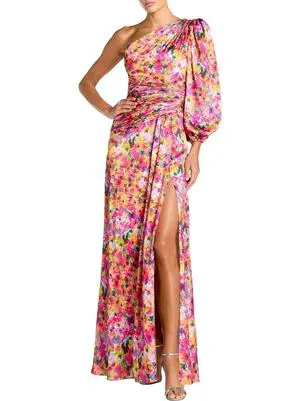 Mac Duggal Floral One-sleeve Gown With Slit - Multi
