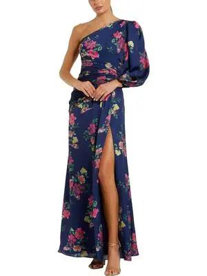 Mac Duggal Floral One-sleeve Gown With Slit - Navy Floral