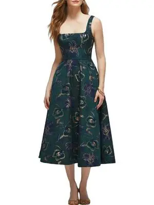 Dessy Collection Metallic Jacquard Midi Cocktail Dress - Evergreen Floral