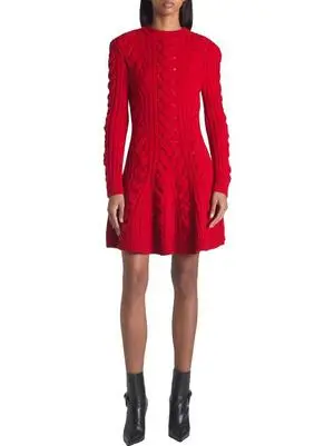 Alexander McQueen Long Sleeve Cable Knit Mini Sweater Dress - Poppy Red