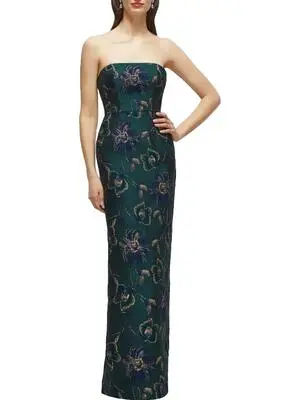 Alfred Sung Metallic Strapless Jacquard Column Gown - Evergreen Floral