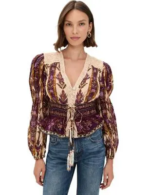 Farm Rio Floral Blouse With Lace And Bead Detailing - Embroidered Tapestry Sand