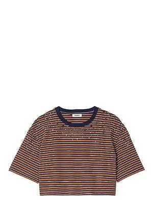 Sandro Rhinestone-embellished Striped Boxy T-shirt - Brown / Deep Blu