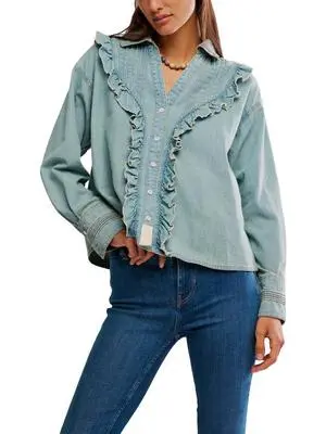 Free People Tattered And Ruffled Chambray Top - Vintage Tint Wash