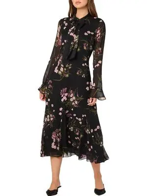 Astr The Label Floral Tie Neck Long Sleeve Dress - Black Pink Floral