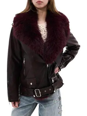 AZALEA WANG Faux Leather Moto Jacket With Faux Fur Collar - Burgundy