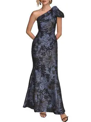 Donna Karan New York Metallic One-shoulder Jacquard Mermaid Gown - Ink Multi