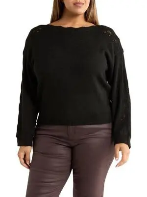 Wit & Wisdom Open Stitch Boat Neck Sweater Heather Black