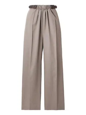 Loewe Leather-trimmed Pleated Wool-twill Pants - Neutrals