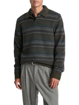 Vince Fair Isle Wool & Cashmere Johnny Collar Polo Sweater - Dark Leaf Combo