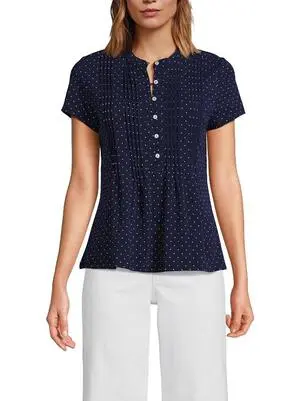 LANDS' END Short Sleeve Pintuck Button Top - Deep Sea Navy Pin Dot